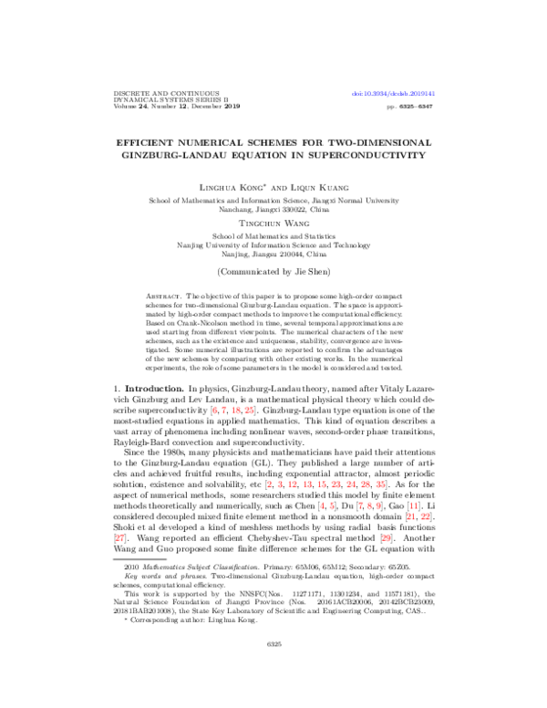(PDF) Efficient numerical schemes for two-dimensional Ginzburg-Landau equation in superconductivity