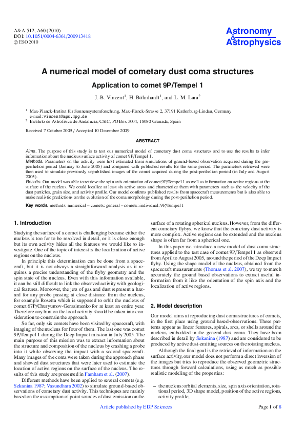 (PDF) A numerical model of cometary dust coma structures