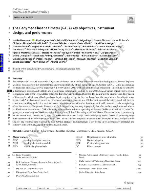 (PDF) The Ganymede laser altimeter (GALA): key objectives, instrument ...