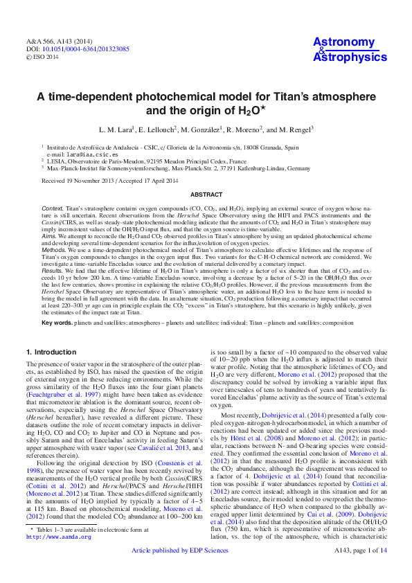 (PDF) A time-dependent photochemical model for Titan’s atmosphere and ...