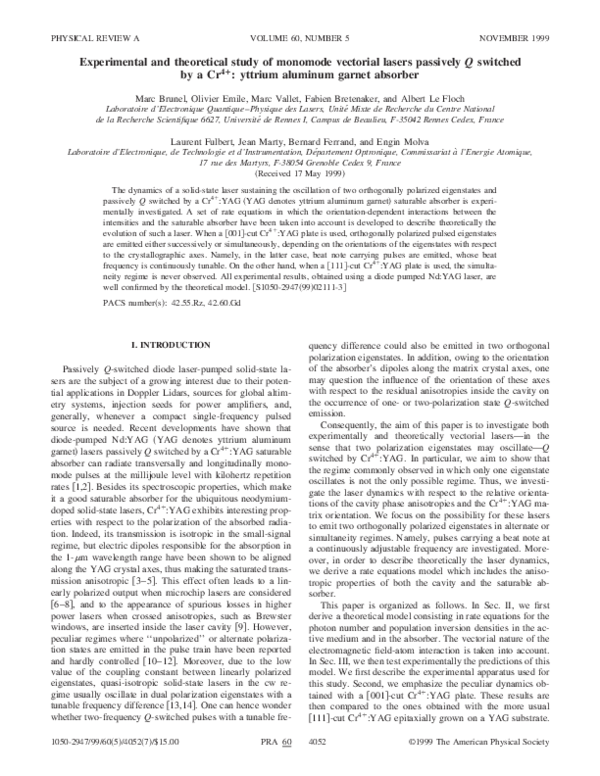(PDF) Experimental and theoretical study of monomode vectorial lasers ...