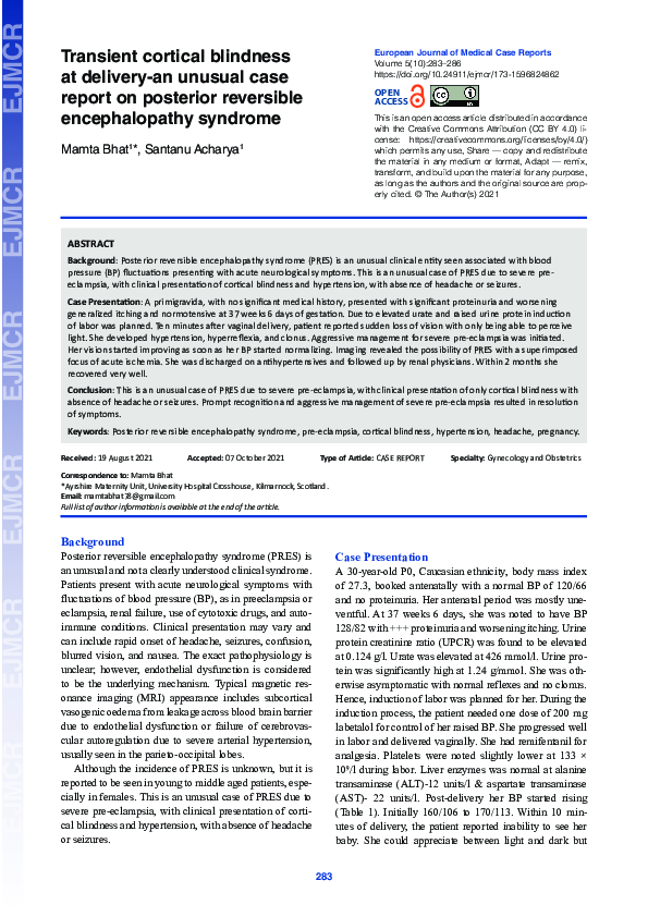 (PDF) Transient cortical blindness at delivery- an unusual case report ...