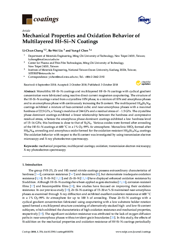 (PDF) Mechanical Properties and Oxidation Behavior of Multilayered Hf–Si–N Coatings