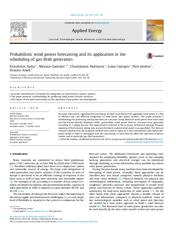 (PDF) Probabilistic wind power forecasting and its application in the scheduling of gas-fired ...