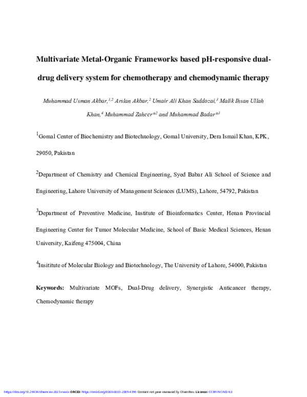 (PDF) Multivariate Metal-Organic Frameworks based pH-responsive dual-drug delivery system for ...
