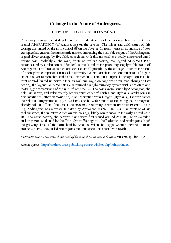 (PDF) Coinage in the Name of Andragoras