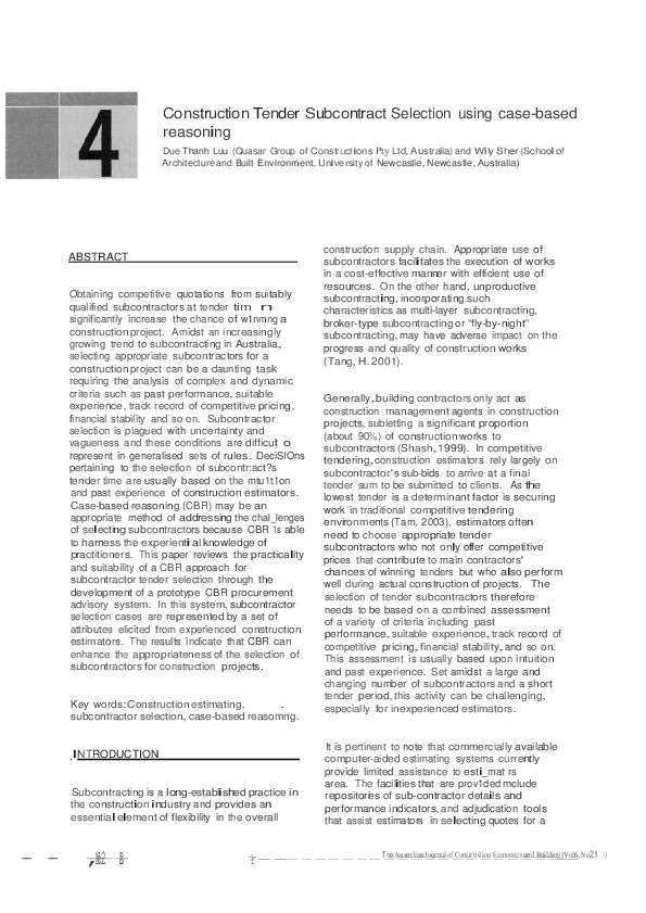 (PDF) Construction Tender Subcontract Selection using Case-based Reasoning