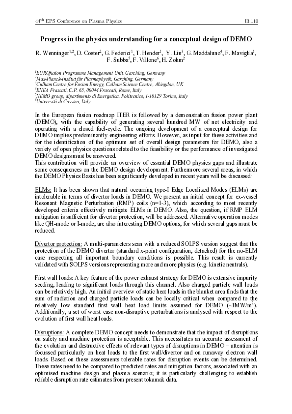 (PDF) Progress in the physics understanding for a conceptual design of DEMO