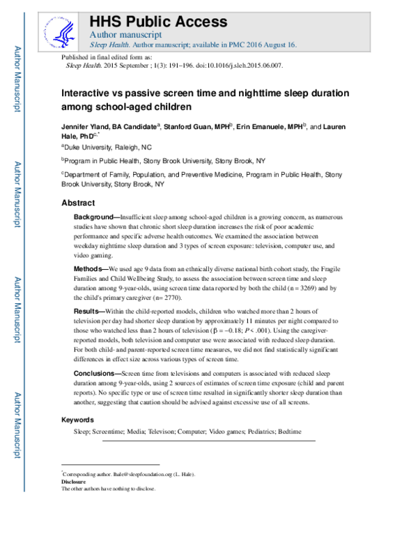 (PDF) Interactive vs passive screen time and nighttime sleep duration among school-aged children