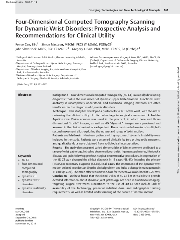 (PDF) Four-Dimensional Computed Tomography Scanning for Dynamic Wrist Disorders: Prospective ...