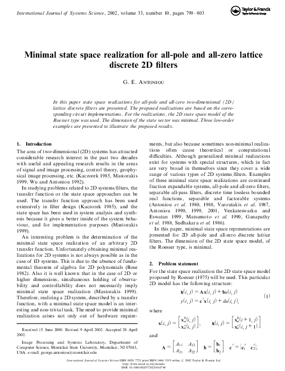 (PDF) Minimal state space realization for all-pole and all-zero lattice ...
