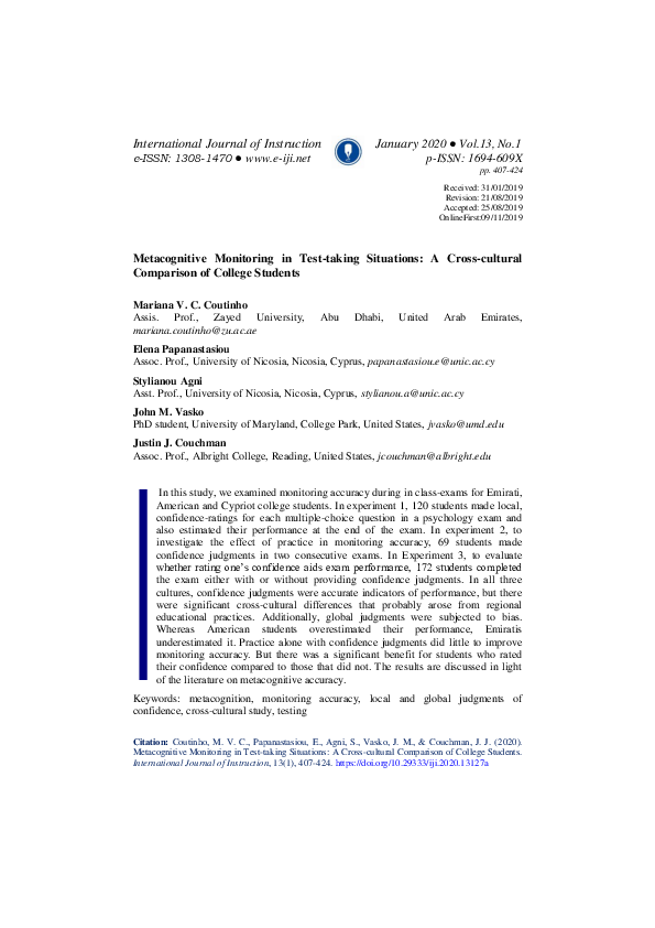 Pdf Metacognitive Monitoring In Test Taking Situations A Cross Cultural Comparison Of College