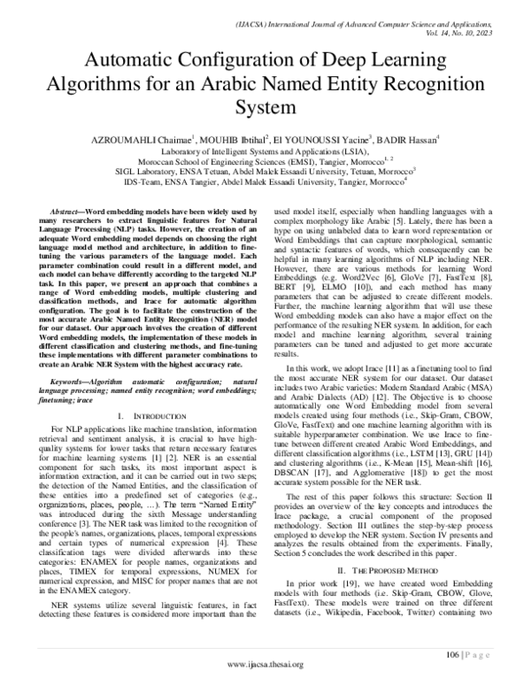 Pdf Automatic Configuration Of Deep Learning Algorithms For An Arabic Named Entity Recognition