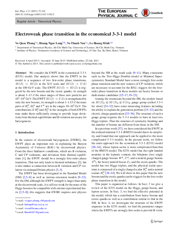(PDF) Electroweak phase transition in the economical 3-3-1 model | Le ...