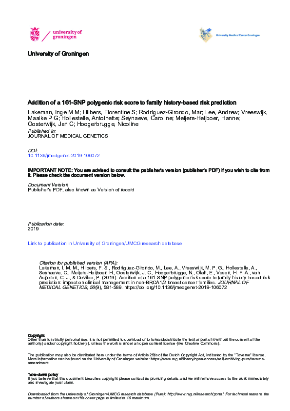 (PDF) Addition of a 161-SNP polygenic risk score to family history ...
