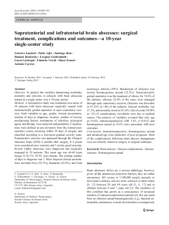 (PDF) Supratentorial and infratentorial brain abscesses: surgical ...