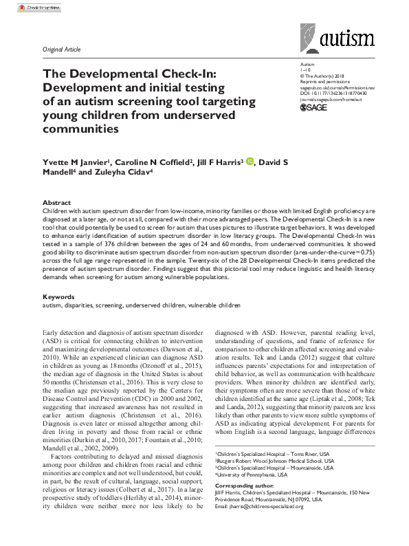 (PDF) The Developmental Check-In: Development and initial testing of an ...