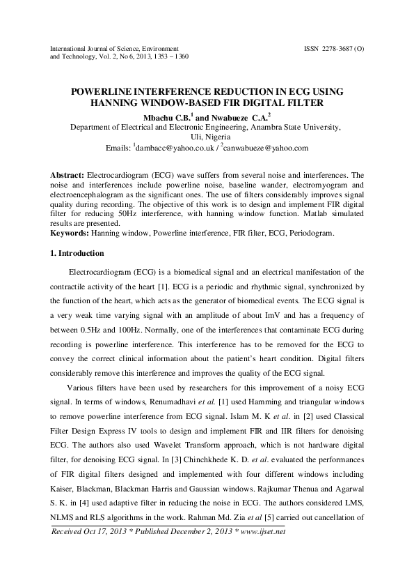 (PDF) POWERLINE INTERFERENCE REDUCTION IN ECG USING HANNING WINDOW ...