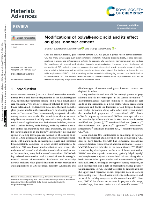 (PDF) Modifications of Polyalkenoic Acid and Its Effect on Glass ...