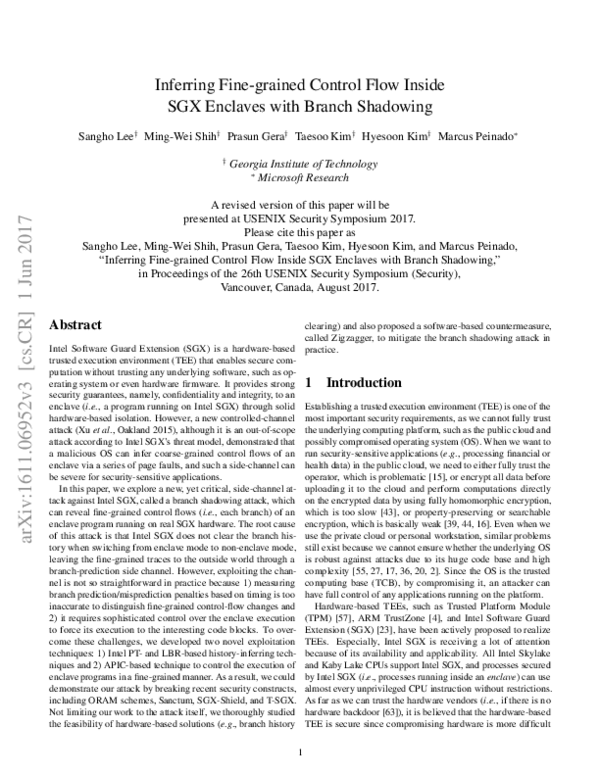 (PDF) Inferring fine-grained control flow inside SGX enclaves with branch shadowing | Hyesoon ...