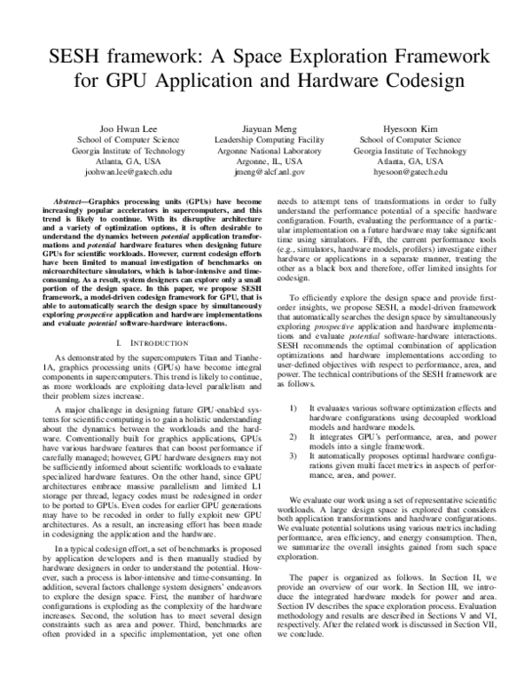 (PDF) SESH Framework: A Space Exploration Framework for GPU Application and Hardware Codesign