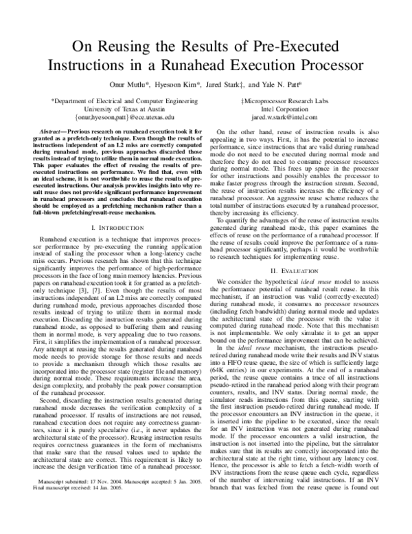 (PDF) On Reusing the Results of Pre-Executed Instructions in a Runahead Execution Processor