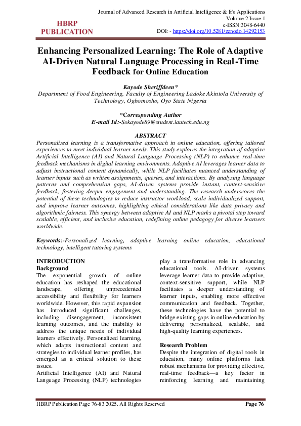 (PDF) Enhancing Personalized Learning: The Role of Adaptive AI-Driven Natural Language ...
