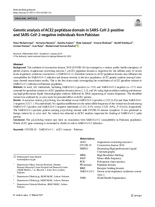 (PDF) Genetic analysis of ACE2 peptidase domain in SARS-CoV-2-positive ...