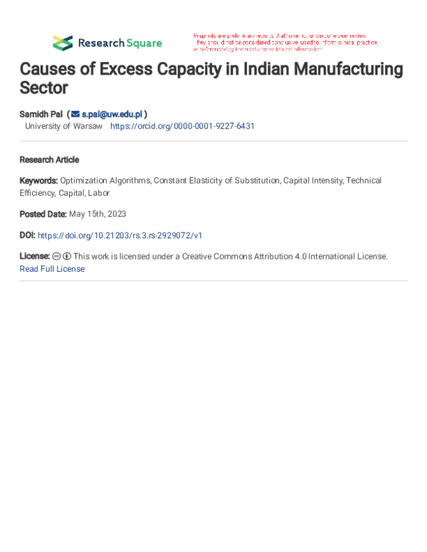 (PDF) Causes of Excess Capacity in Indian Manufacturing Sector