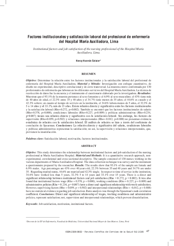 (PDF) Factores institucionales y satisfacción laboral del profesional de enfermería del Hospital ...