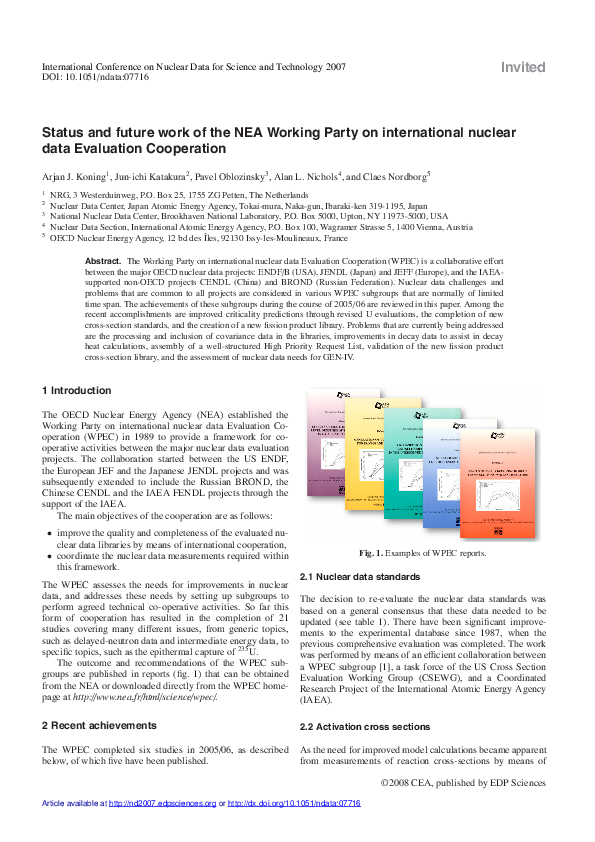 (PDF) Status and future work of the NEA Working Party on international ...