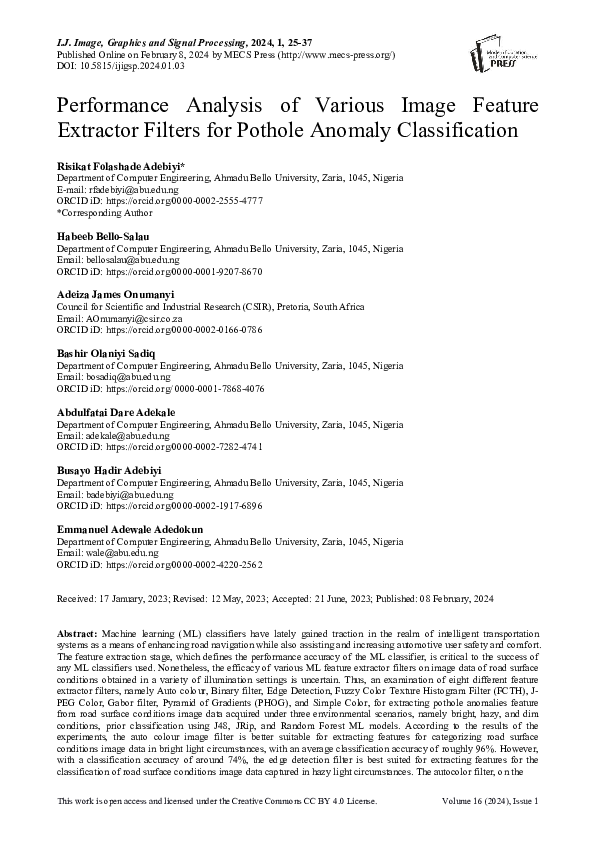 (PDF) Performance Analysis of Various Image Feature Extractor Filters for Pothole Anomaly ...
