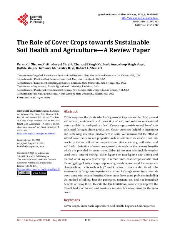 (PDF) The Role of Cover Crops towards Sustainable Soil Health and ...