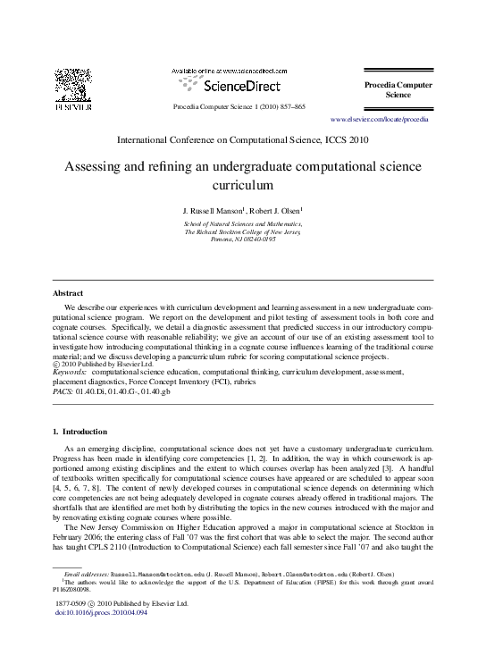 (PDF) Assessing and refining an undergraduate computational science curriculum