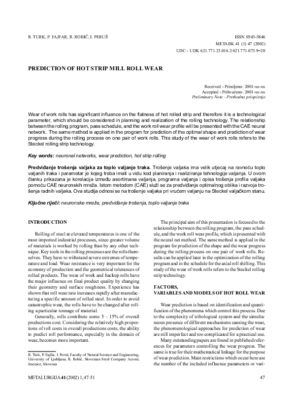 (PDF) Prediction of Hot Strip Mill Roll Wear | peter fajfar - Academia.edu