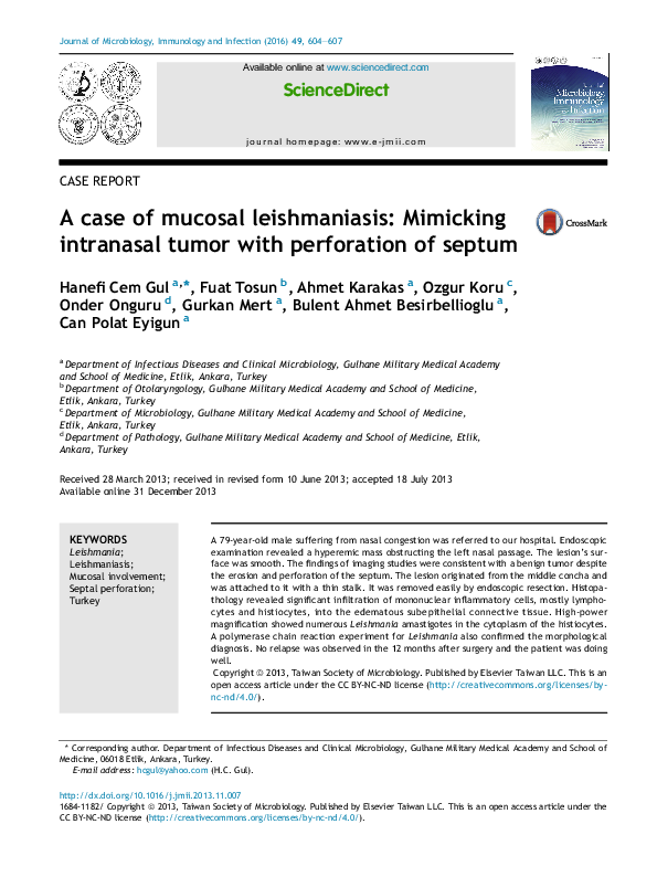 (PDF) A case of mucosal leishmaniasis: Mimicking intranasal tumor with ...