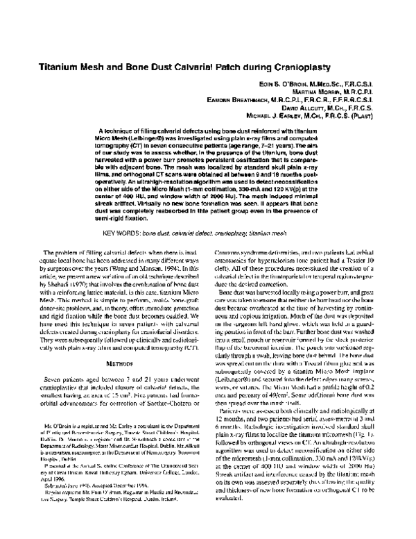 (PDF) Titanium Mesh and Bone Dust Calvarial Patch during Cranioplasty