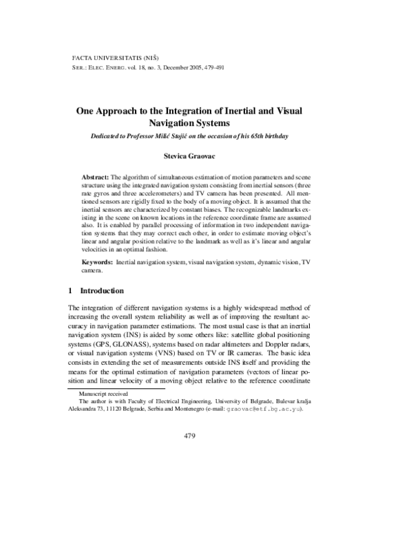 (PDF) One approach to the integration of inertial and visual navigation systems