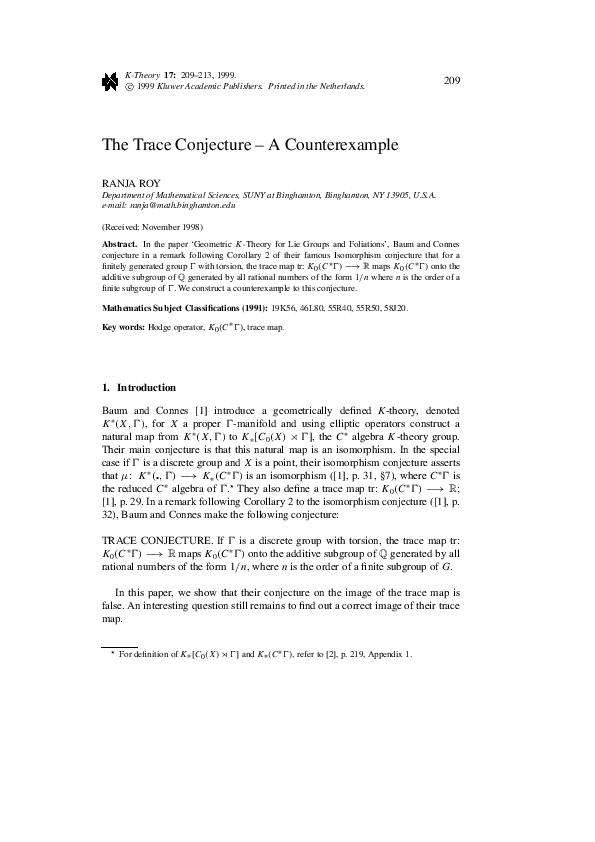(PDF) The Trace Conjecture – A Counterexample