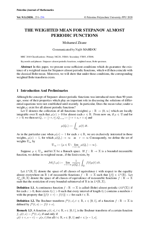 (PDF) The Weighted Mean for Stepanov Almost Periodic Functions