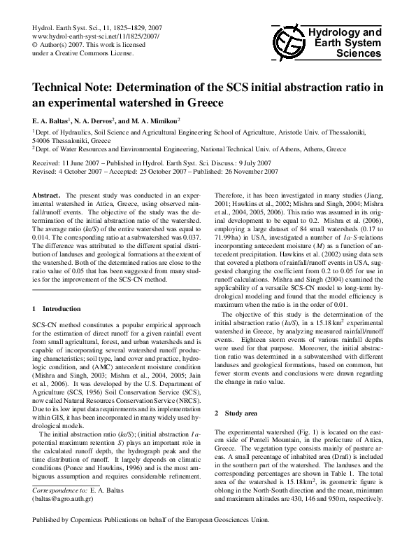 (PDF) Technical Note: Determination of the SCS initial abstraction ratio in an experimental ...