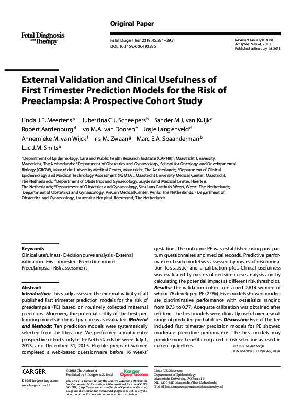 (PDF) External Validation and Clinical Usefulness of First Trimester Prediction Models for the ...