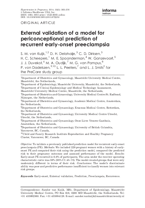 (PDF) External validation of a model for periconceptional prediction of recurrent early-onset ...