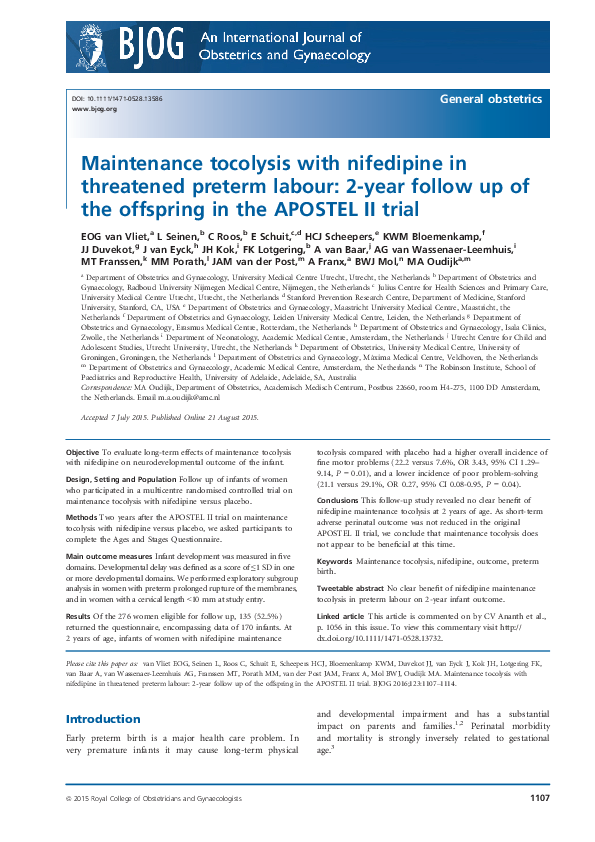 (PDF) Maintenance tocolysis with nifedipine in threatened preterm ...