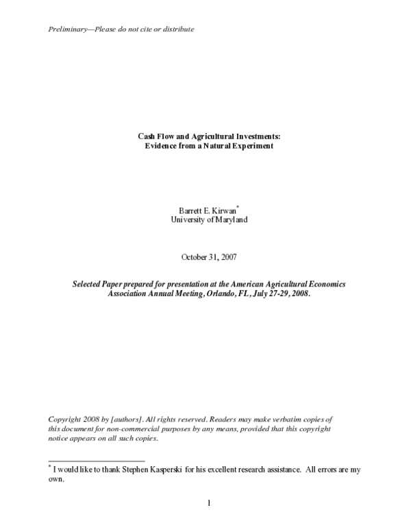(PDF) Cash Flow and Agricultural Investments: Evidence from a Natural ...