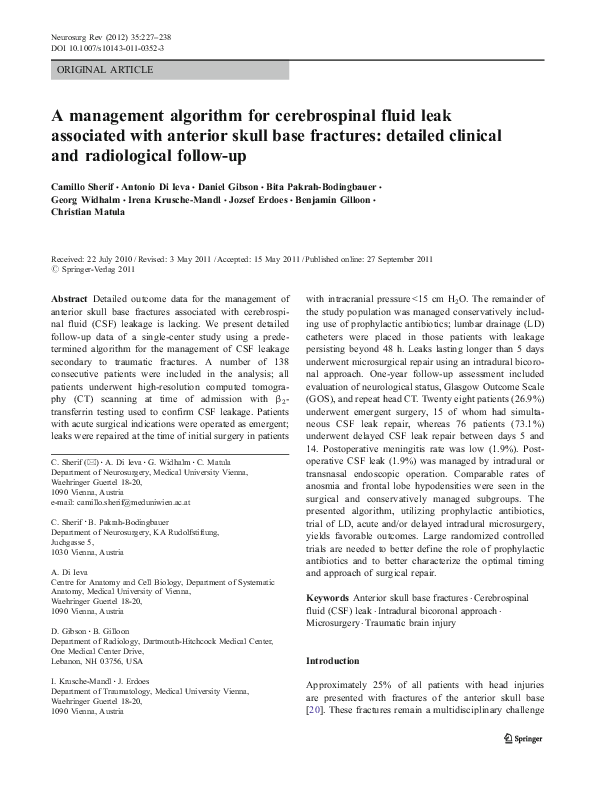 (PDF) A management algorithm for cerebrospinal fluid leak associated ...