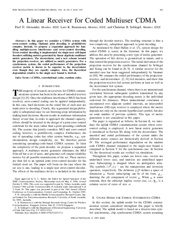(PDF) A linear receiver for coded multiuser CDMA