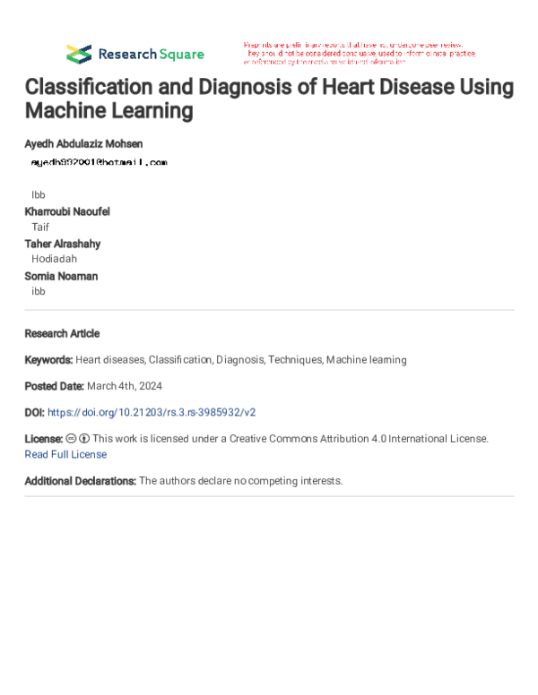 (PDF) Classification and Diagnosis of Heart Disease Using Machine Learning