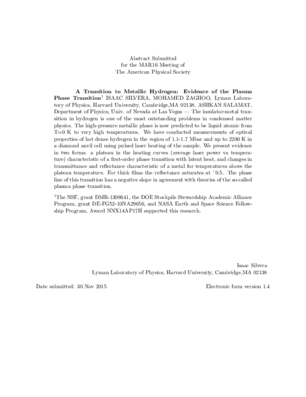 (PDF) A Transition to Metallic Hydrogen: Evidence of the Plasma Phase ...