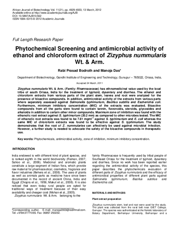 (PDF) Phytochemical Screening and antimicrobial activity of ethanol and chloroform extract of ...